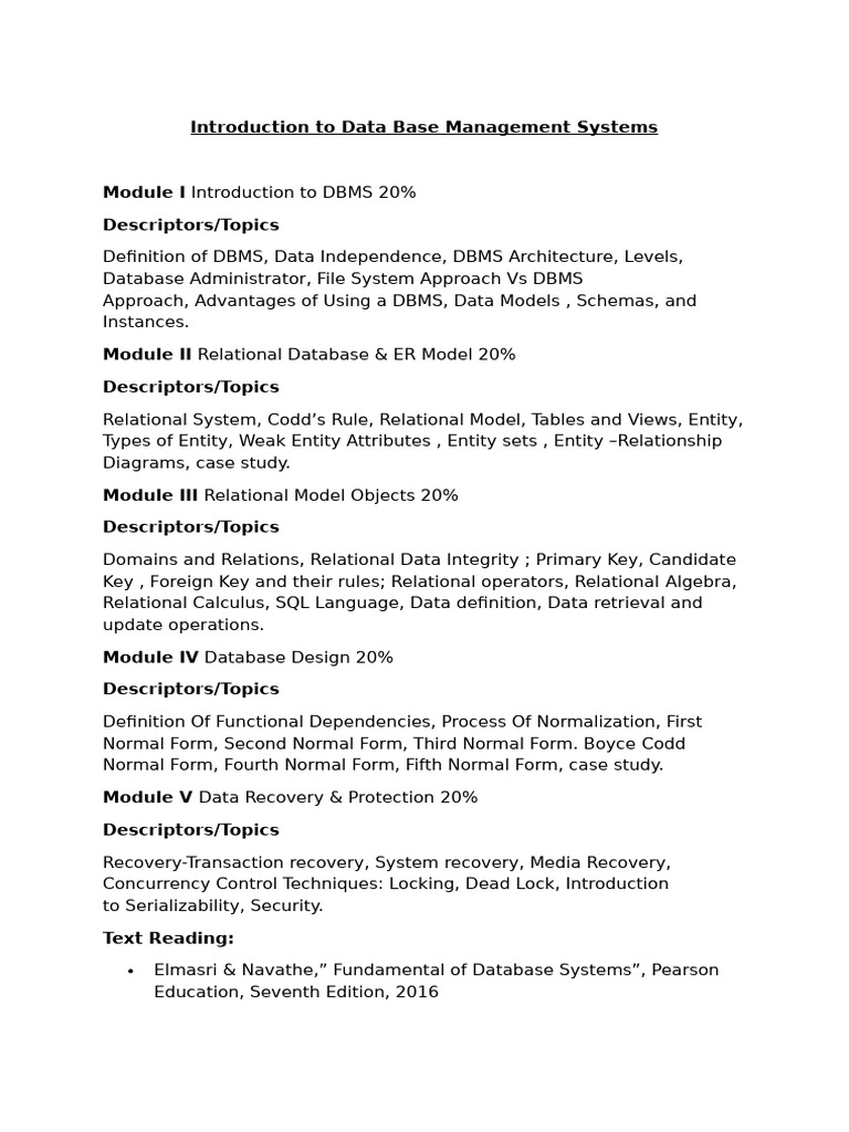 Data Base Management Systems (Syllabus) | PDF