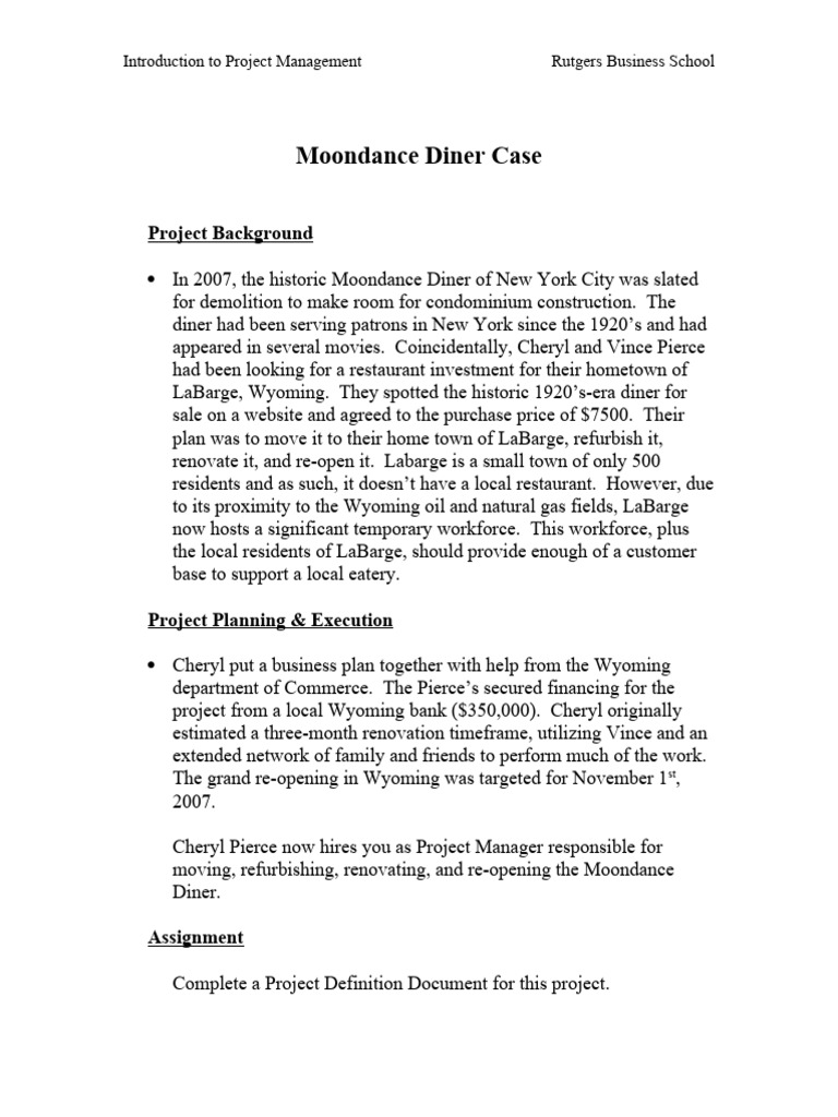Moondance Diner Project Management Guide | PDF