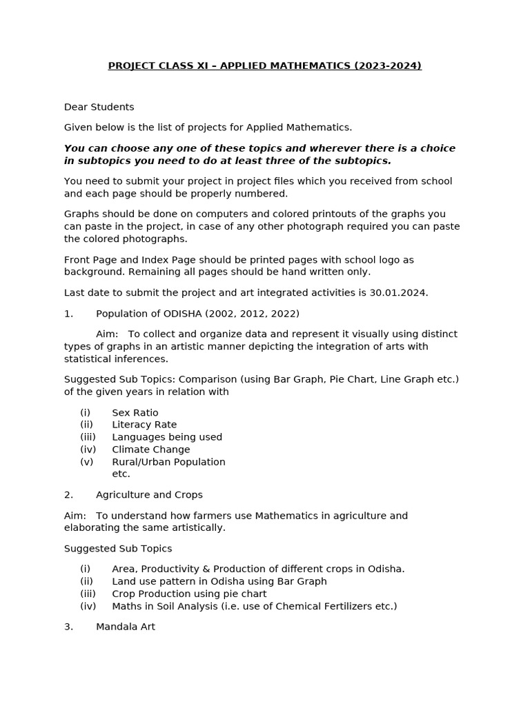 Class XI Applied Mathematics Projects 2023 | PDF | Mathematics | Chart