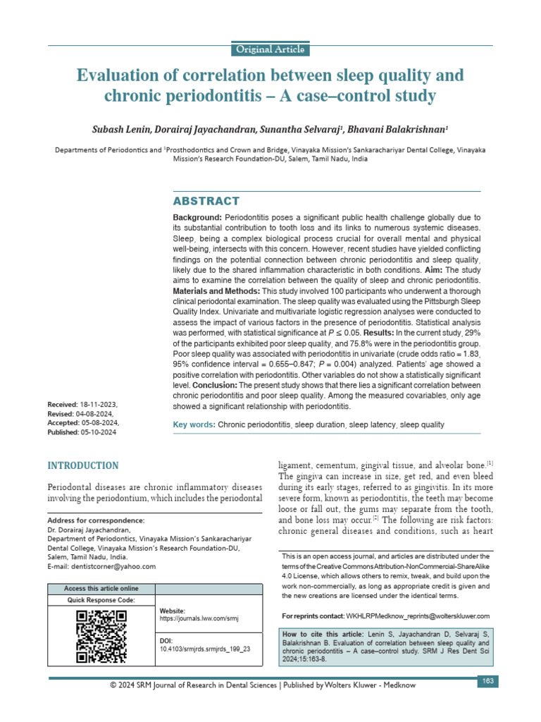 Evaluation of Correlation Between Sleep Quality.9 | PDF | Periodontology | Inflammation