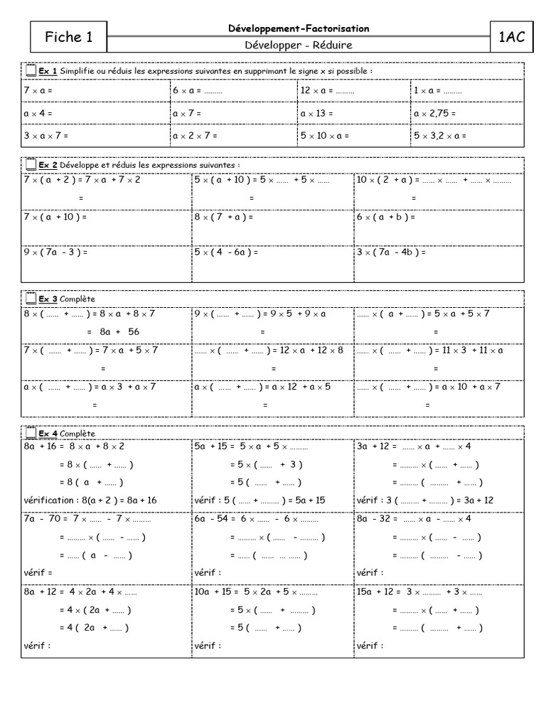 Fiche1-developpement-factorisation-1AC | PDF
