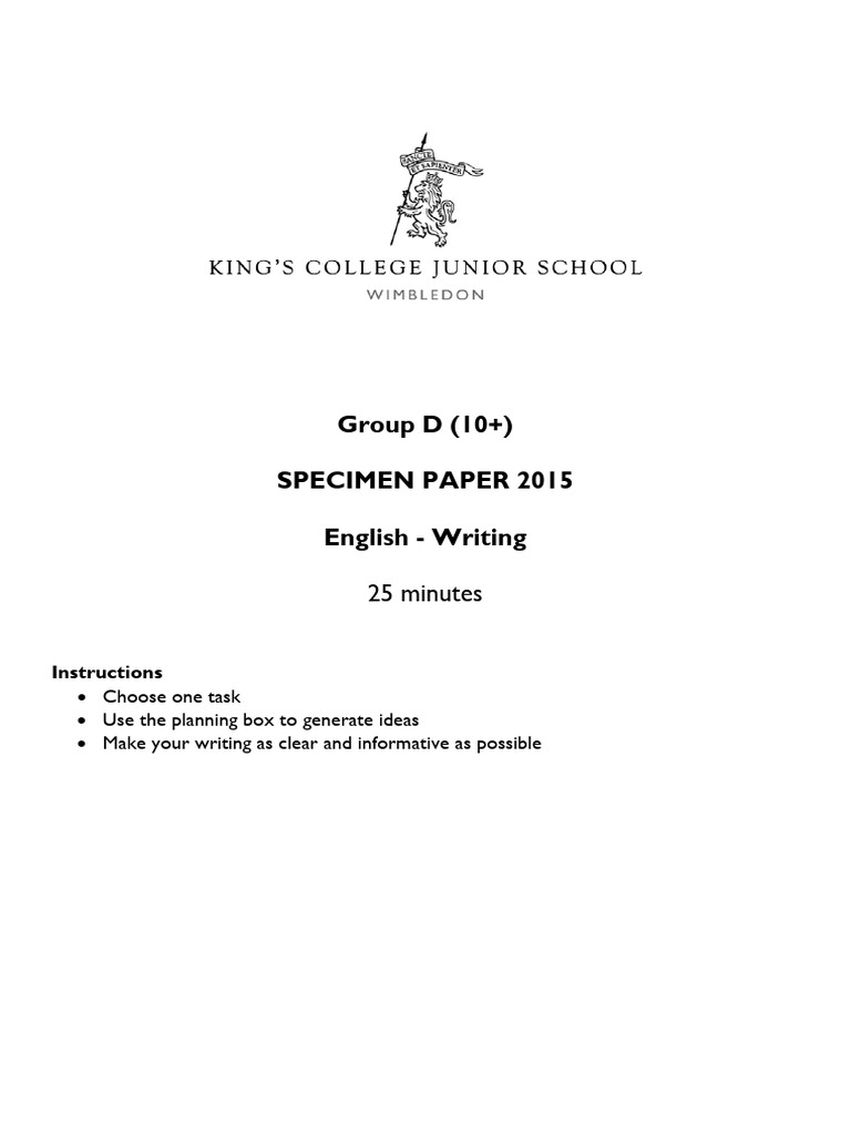 EP Kings College Junior School Wimbledon 10 Plus Specimen English ...