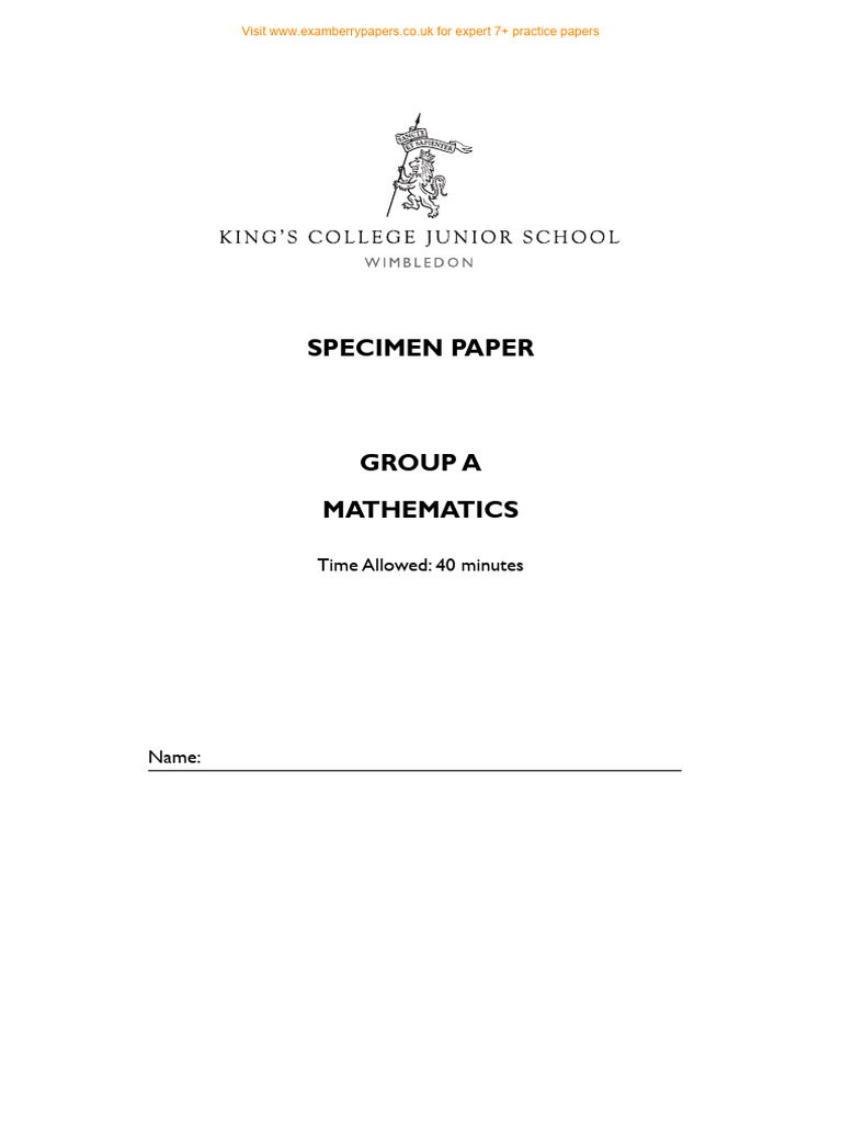 EP Kings College Junior School Wimbledon 7 Plus Specimen Maths Paper ...