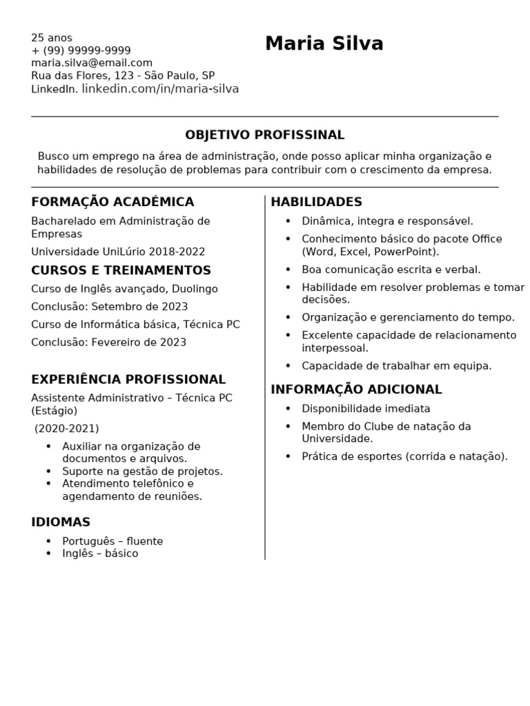 Exemplo de Curriculo para Quem Nunca Trabalhou | PDF