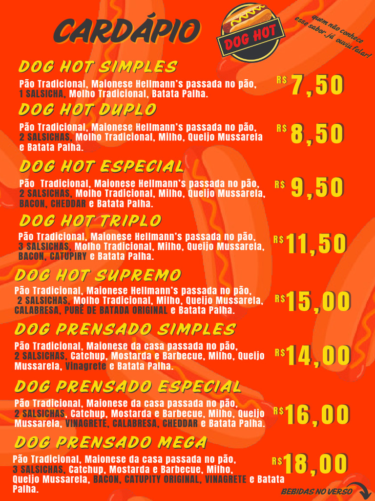 Cardápio Cachorro Quente - Cardápio Hot Dog PDF | PDF | Alimentos ...