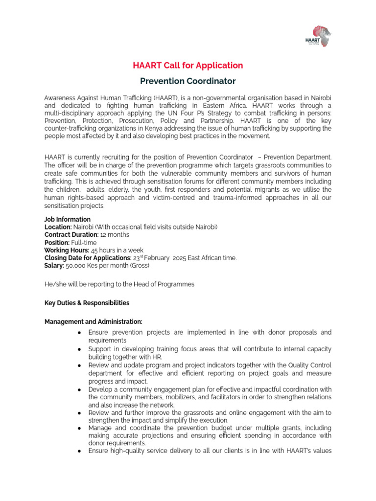 HAART Prevention Coordinator - Call For Application 1 | PDF | Human Trafficking | Non ...