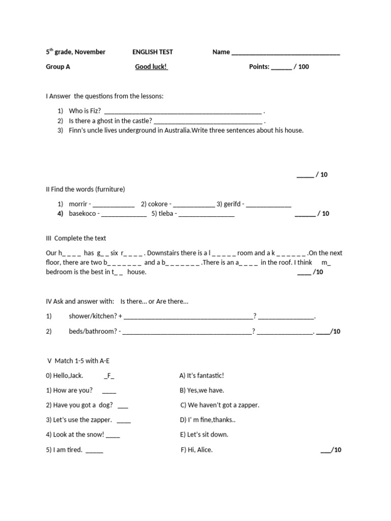 5th Grade English Test - November | PDF
