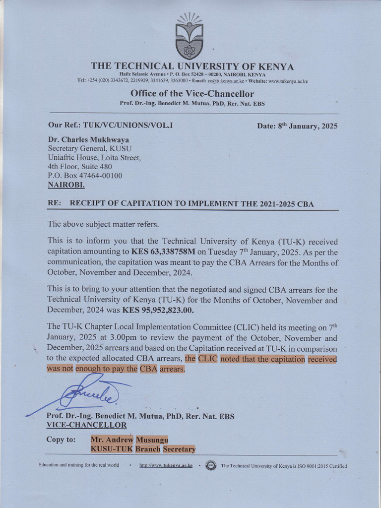 Receipt of Capitation To Implemnent The 2021-2025 CBA - 8th January, 2025 - Scanned Original ...