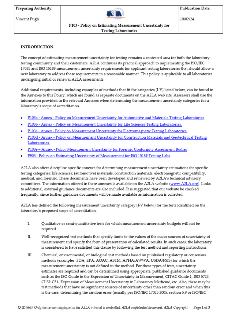 P103 - Policy On Estimating Measurement Uncertainty For Testing ...