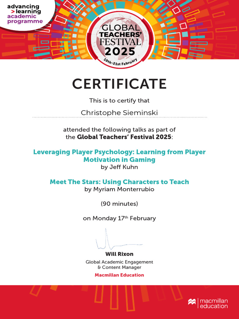 Day 6 - Monday 17th February Certificates For Global Teachers Festival ...