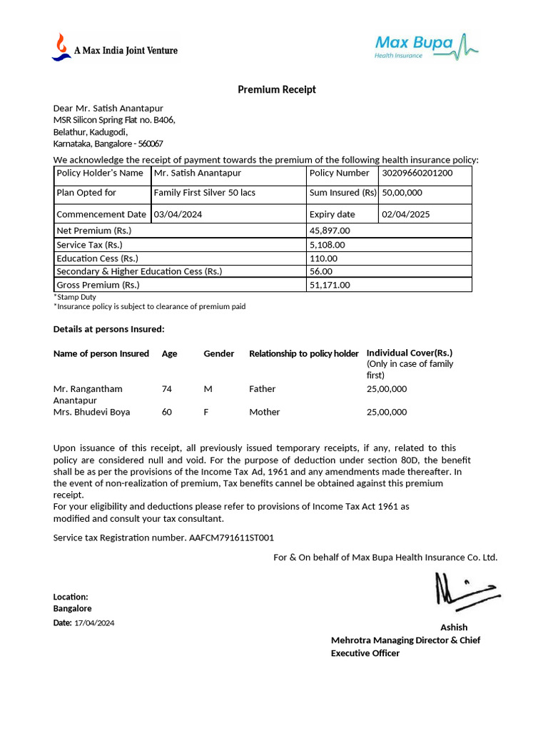Medical Insurance Premium Receipt Family | PDF | Taxes | Government ...