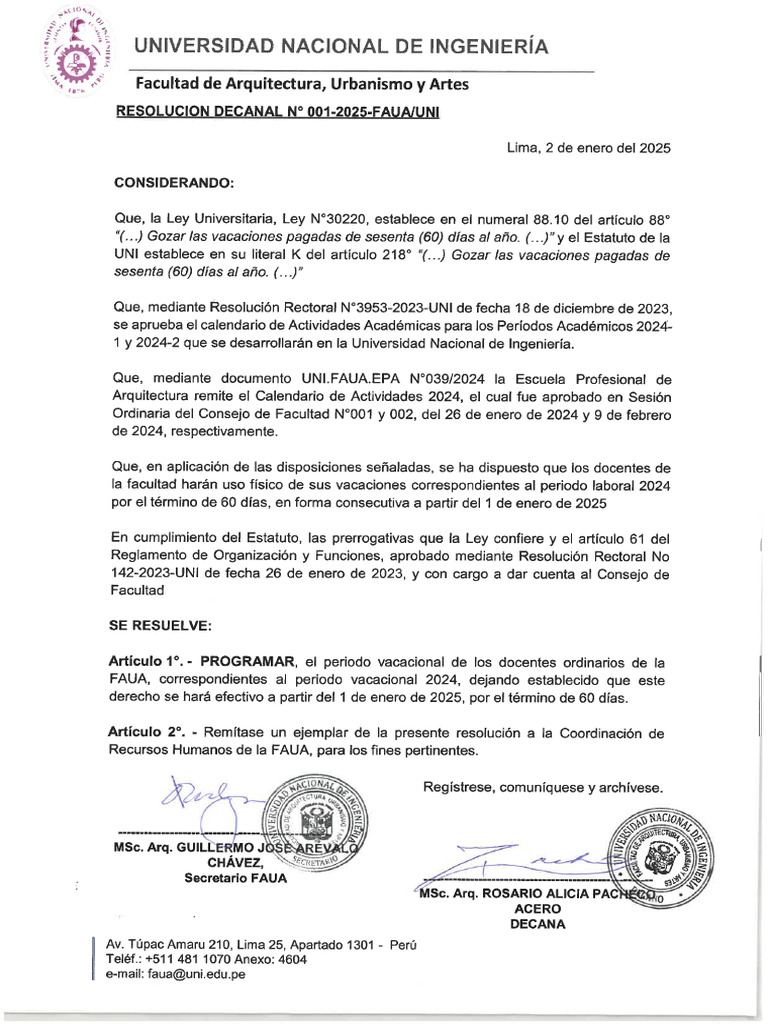 Resolucion Decanal #001-2025-Faua-Uni | PDF