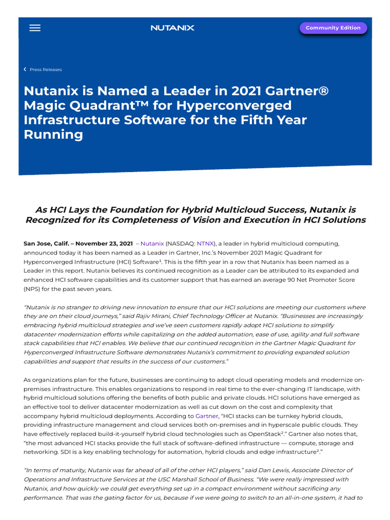 1 - Nutanix Is Named A Leader in 2021 Gartner Magic Quadrant For Hyperconverged Infrastructure ...