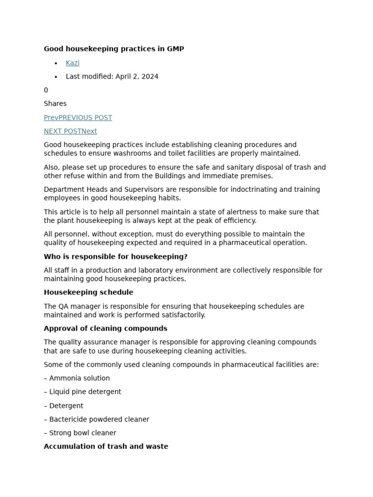 Good Housekeeping Practices in GMP | PDF | Housekeeping | Laboratories