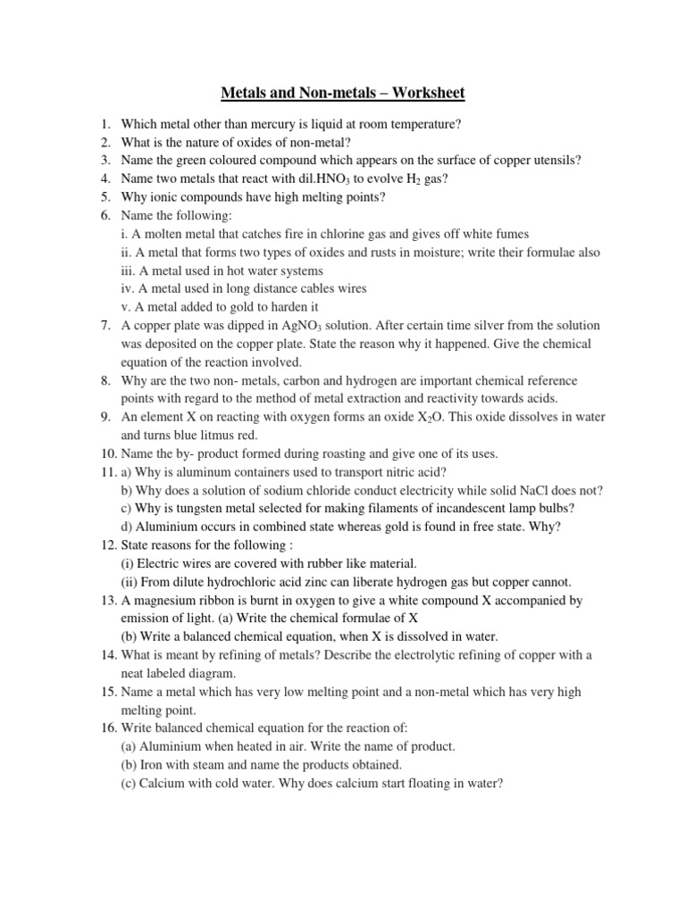 Worksheet - Metals and Non-Metals | PDF | Metals | Copper