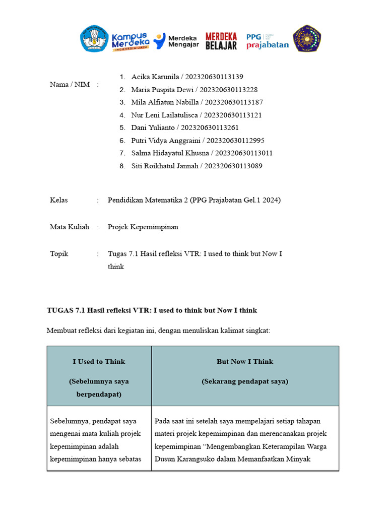 7.1 Hasil Refleksi VTR - Nur Leni L | PDF
