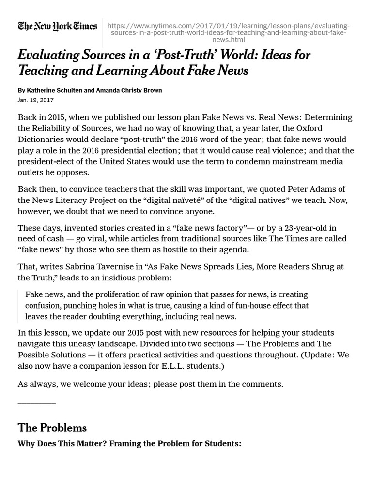 Evaluating Sources in A Post-Truth' World - Ideas For Teaching and ...