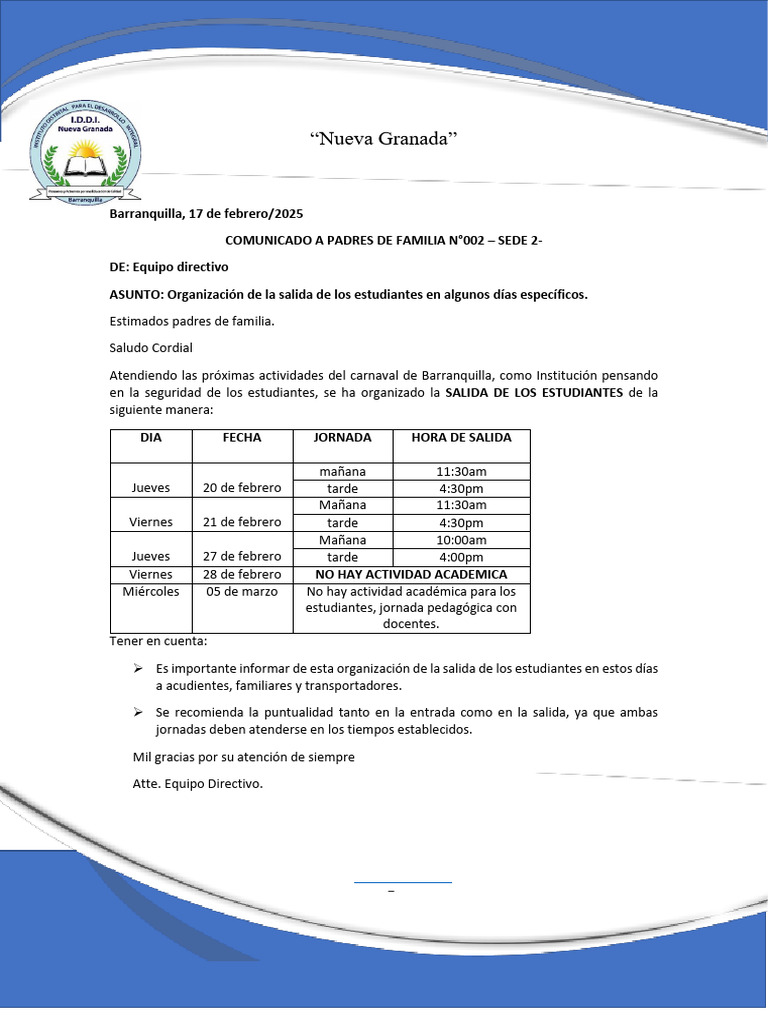 Comunicado A Padres N°001 | PDF