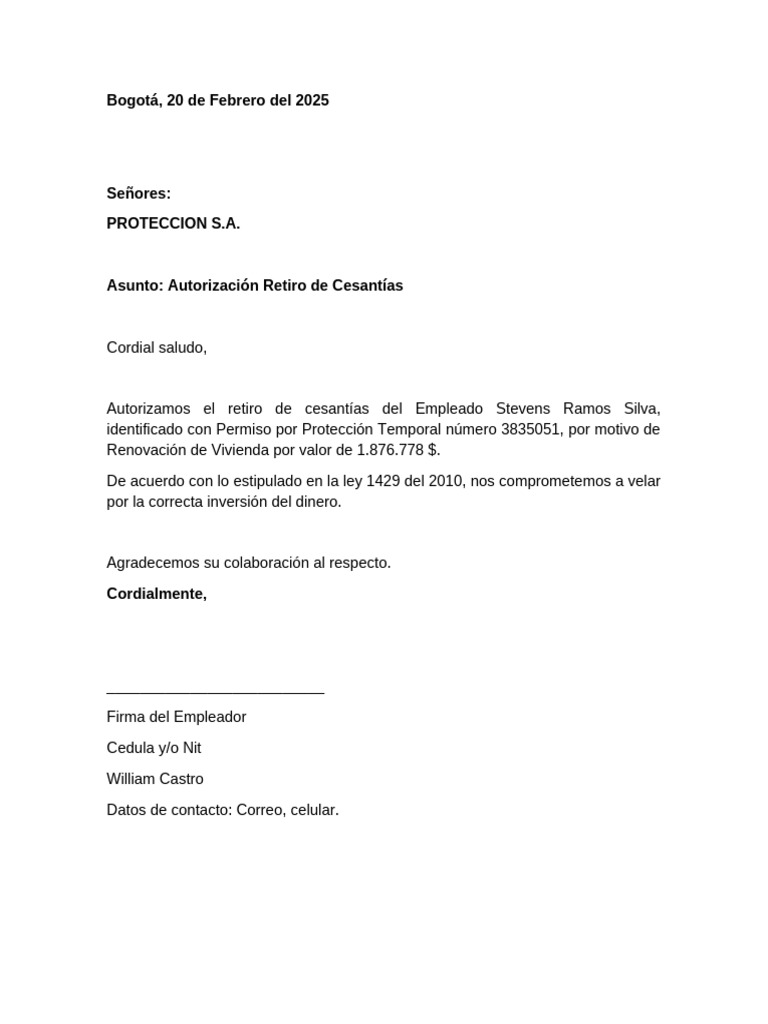 Carta Retiro de Cesantias | PDF