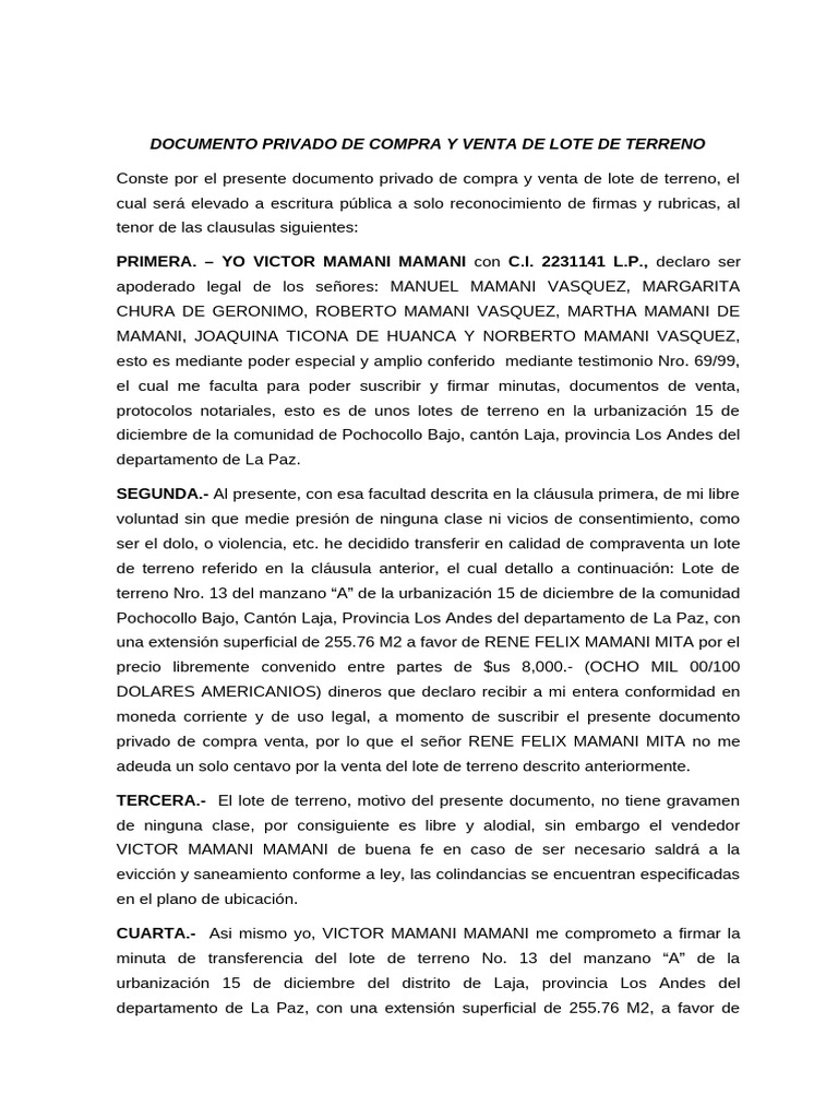 Documento Privado de Compra y Venta de Terreno Rene Felix Mamani Mita | PDF