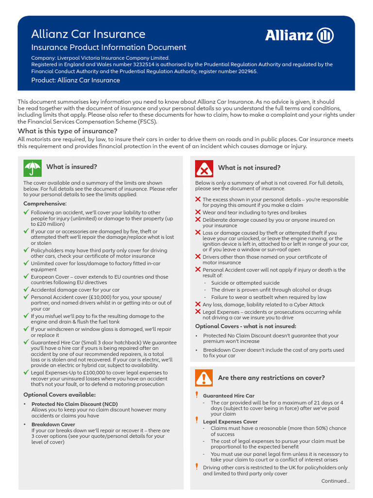 Allianz Insurance Product Information Document | PDF | Vehicle ...