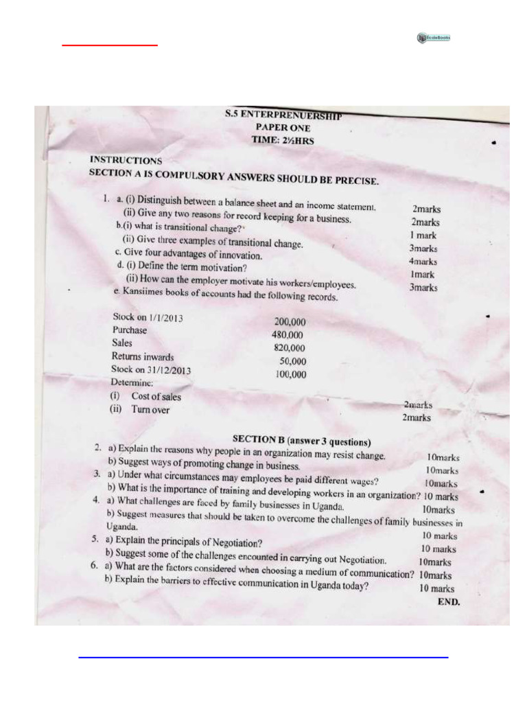 s.5 Ent 1 Printed Revision Past Papers (Ecolebooks.com) | PDF