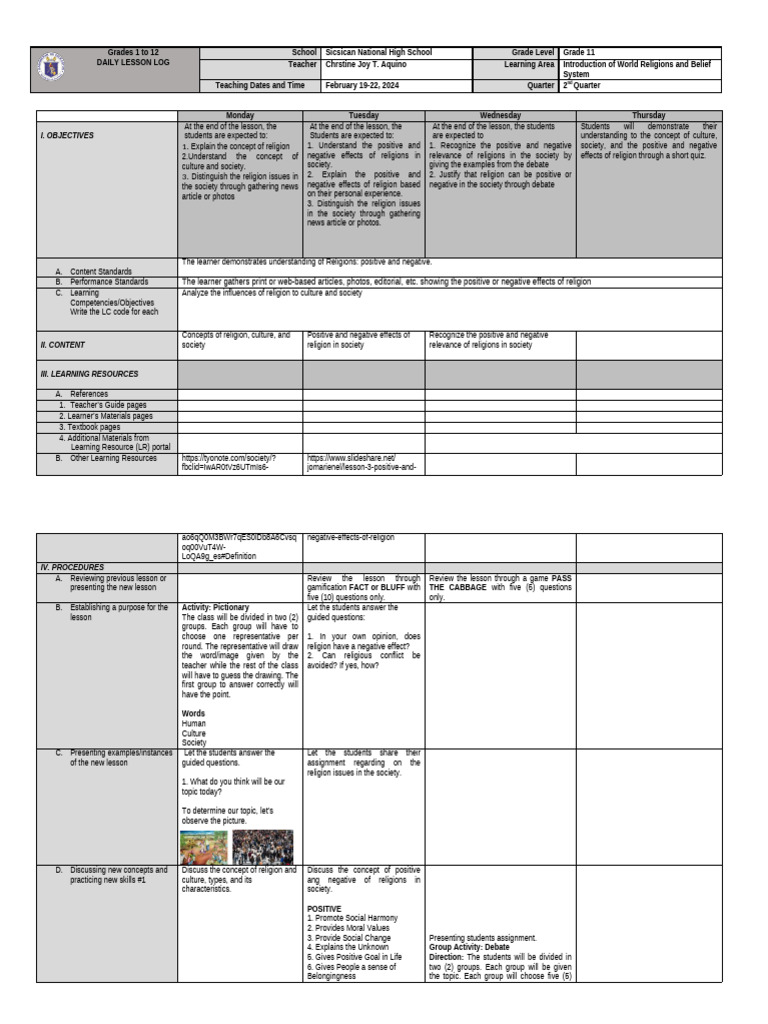 Grade 11 World Religions Lesson Plan | PDF | Learning | Society