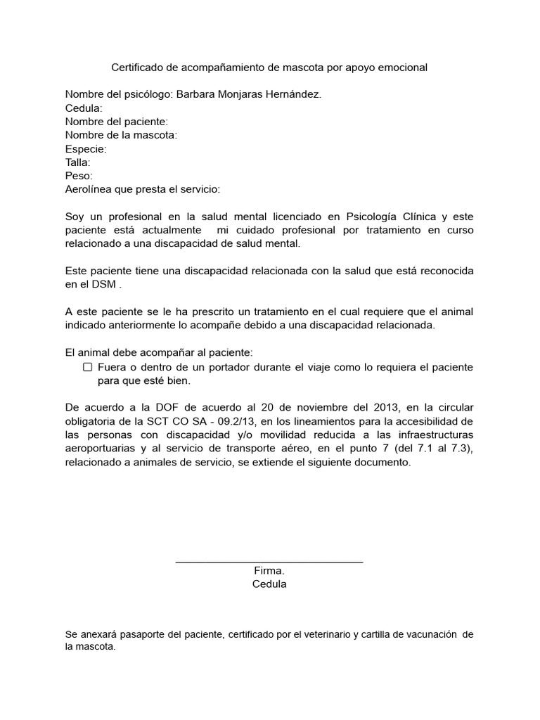 Certificado de acompañamiento de mascota por apoyo emocional | PDF