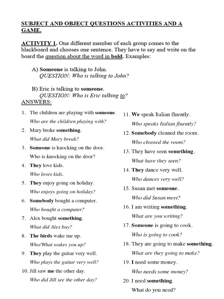 Subject-Object Questions Activities | PDF | Grammar | Linguistics