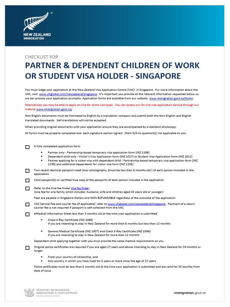 Checklist Partner Dependent Child of WV or SV Holder Singapore Final ...