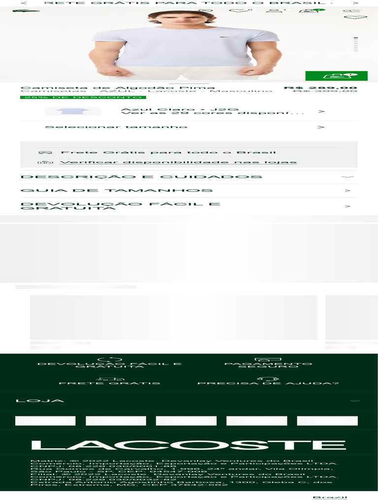 Camisa Básica Masculina Lacoste em Algodão Pima | PDF