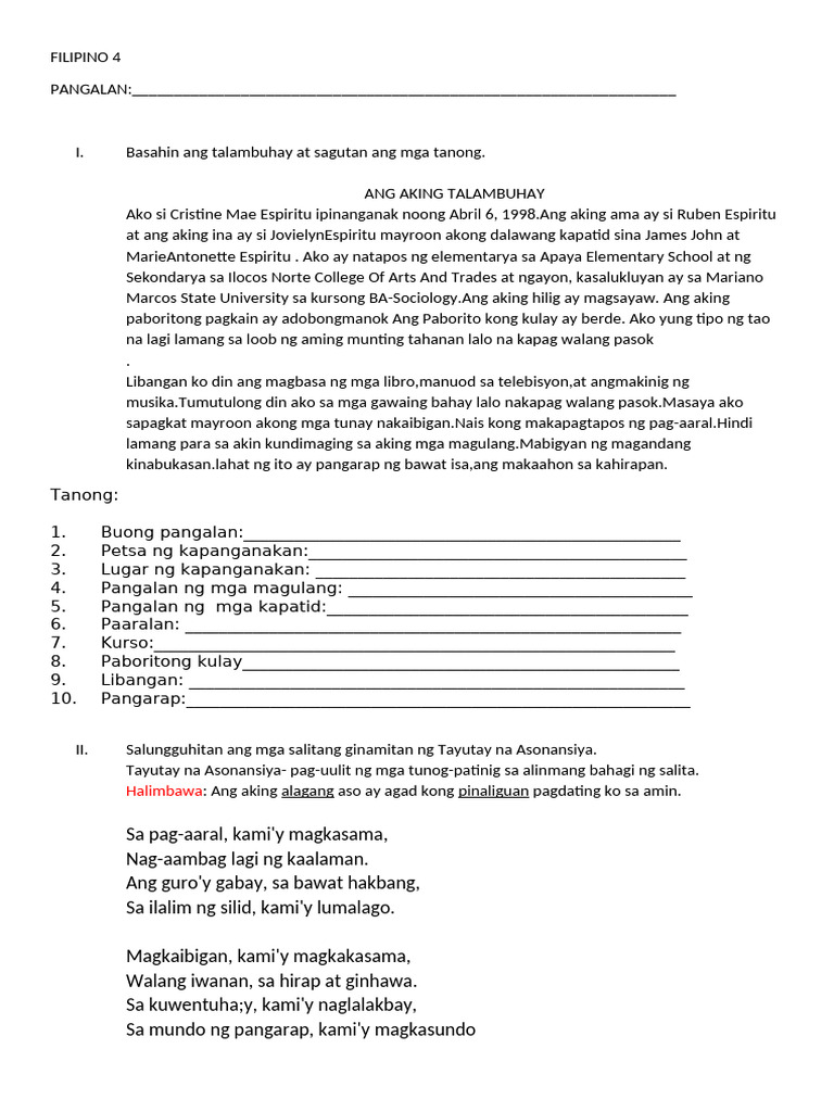 Asonansiya at Talambuhay Quiz | PDF