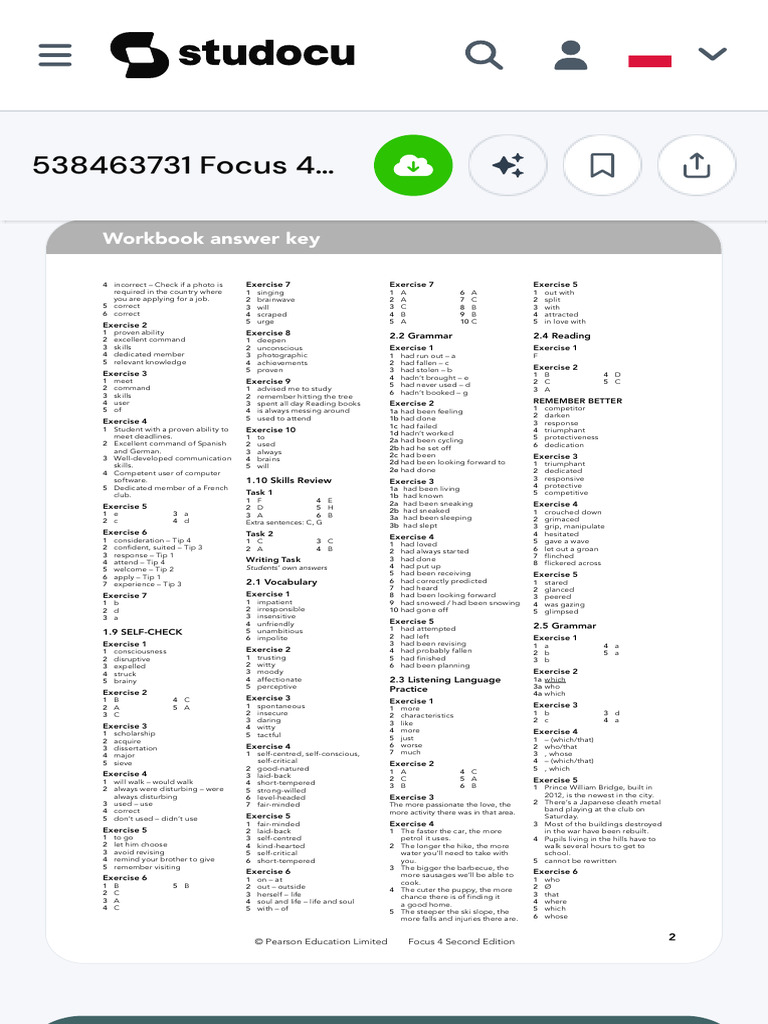 Focus 4 2E Workbook Answers - 1 Vocabulary Exercise 1 1 Go 2 Person 3 Further 4 Prove 5 ...