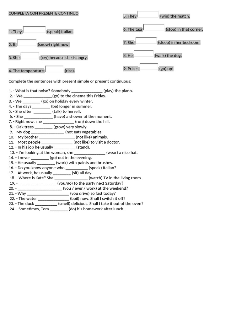 Ejercitación Del Presente Continuo | PDF