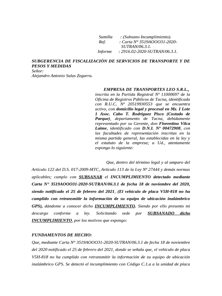 Subsanación de Incumplimiento SUTRAN | PDF | Justicia | Crimen y violencia