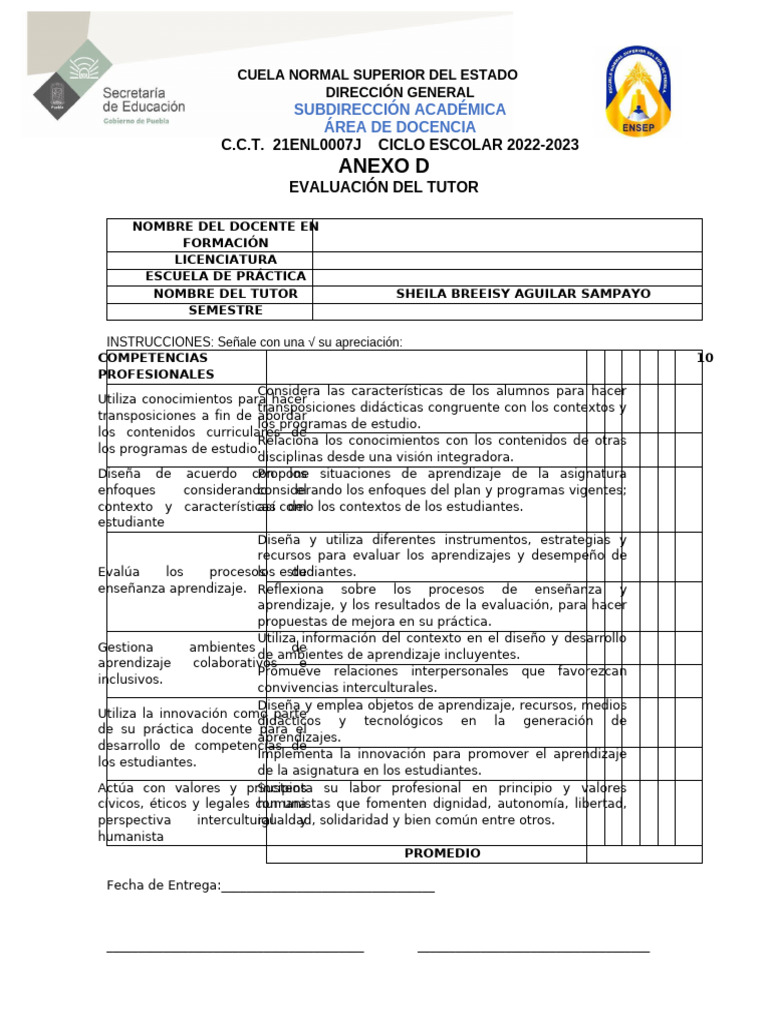 Anexo D. Evaluaci N Tutor.-1 | PDF | Enseñando | Maestros