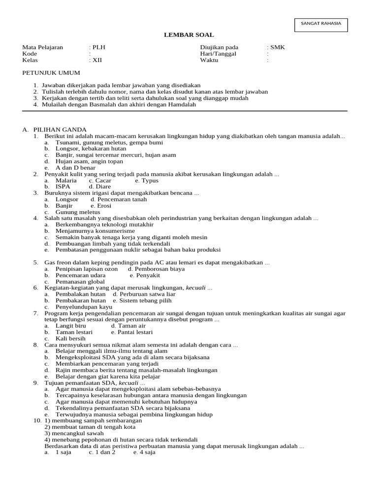 LATIHAN SOAL PSAJ PLH-KLS-X (1) | PDF