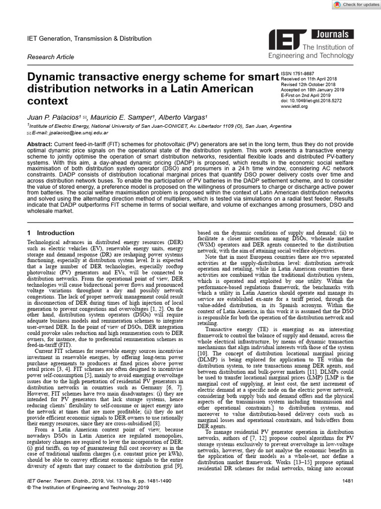 Iet Generation Trans Dist Palacios Dynamic Transactive Ener 2019 Pdf Electric Power