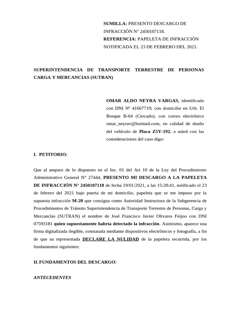 Descargo Papeleta Infracción Sutran - M20 | PDF | Debido al proceso | Justicia
