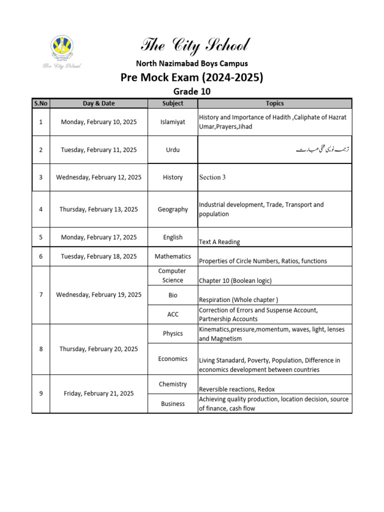 Pre Mock Schedule Grade 10 | PDF