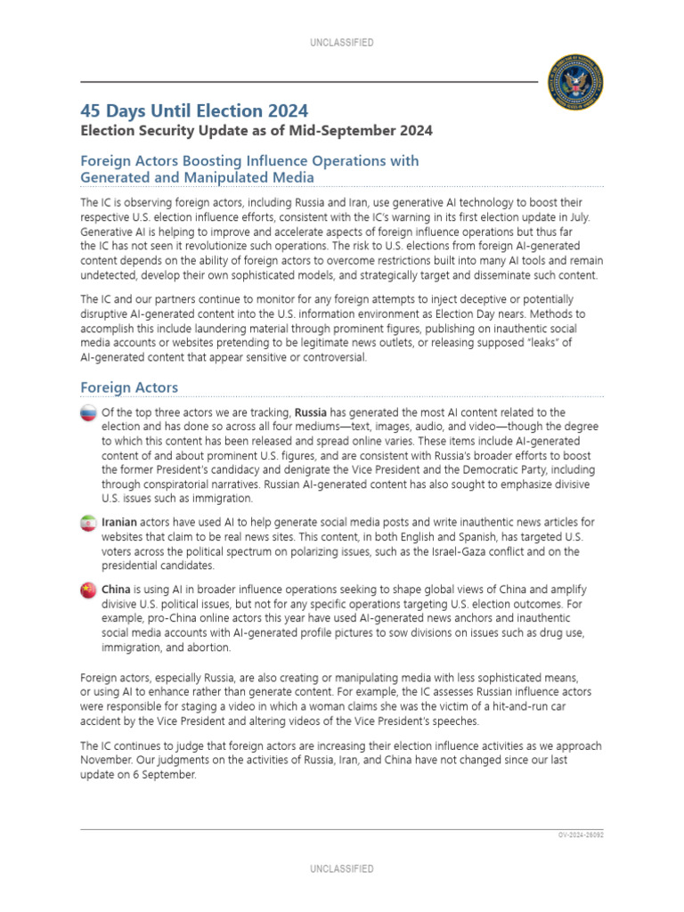 ODNI Election Security Update 20240923 | PDF | Artificial Intelligence | Intelligence (AI ...
