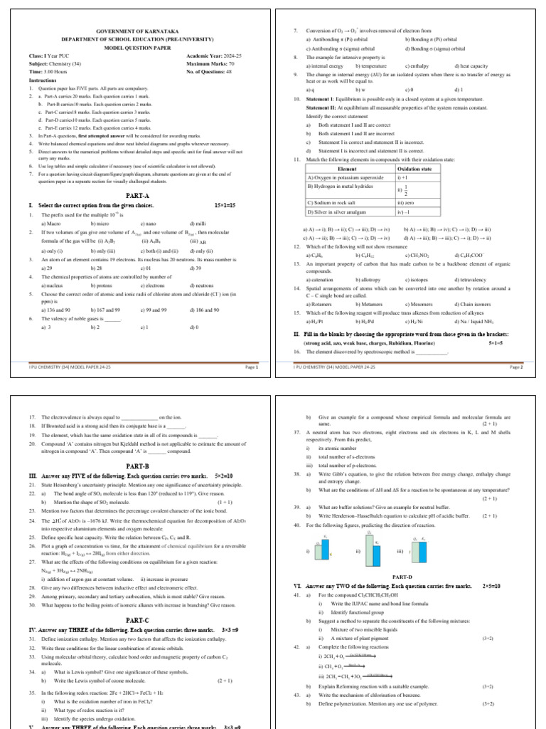 PUC Chemistry Model Paper 2024-25 | PDF | Ionic Bonding | Chemical ...