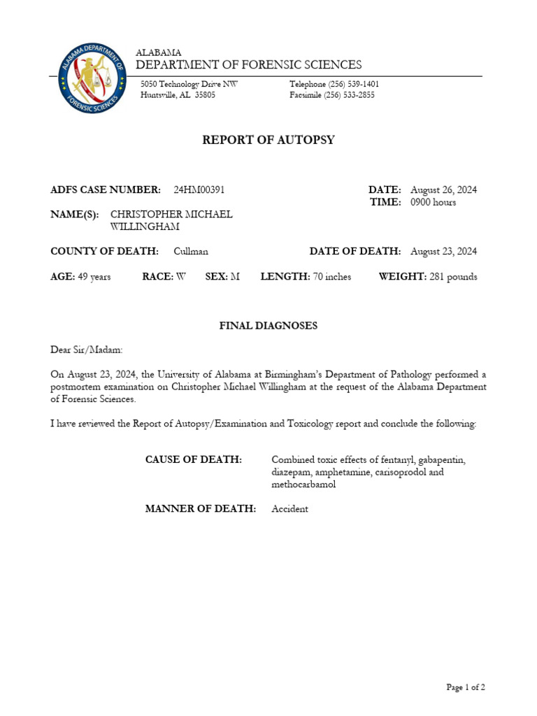 Coroner's report: Death of Christopher Willingham | PDF