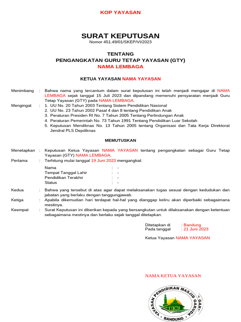 SK Angkat GTY Oleh Yayasan | PDF