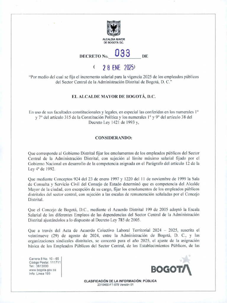 Decreto 033 de 2025 | PDF | Bogotá | Alcalde