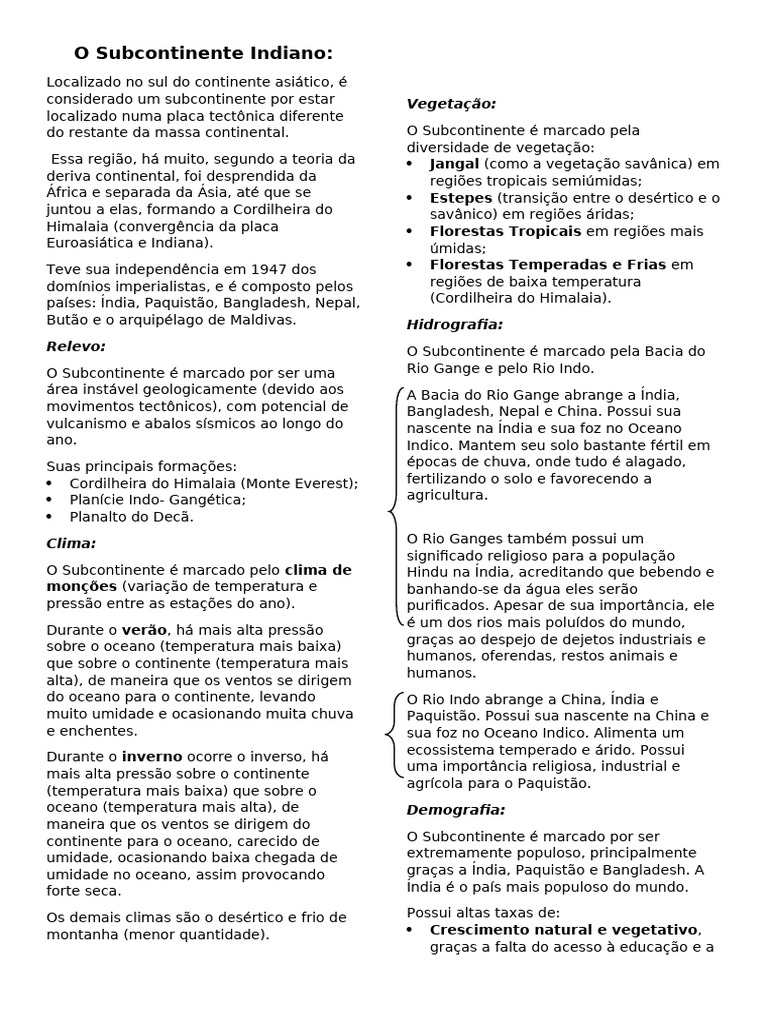 Resumo Sobre Subcontinente Indiano - Geografia | PDF | Himalaia | Ásia