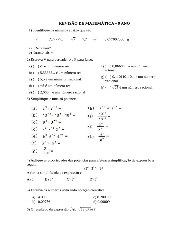 Revisão de Matemática para 9º Ano | PDF