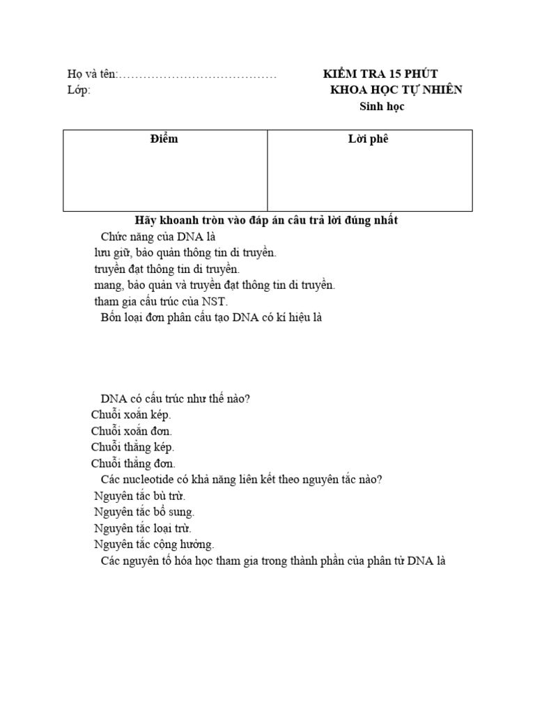 ĐỀ KTRA 15 SINH 9 | PDF