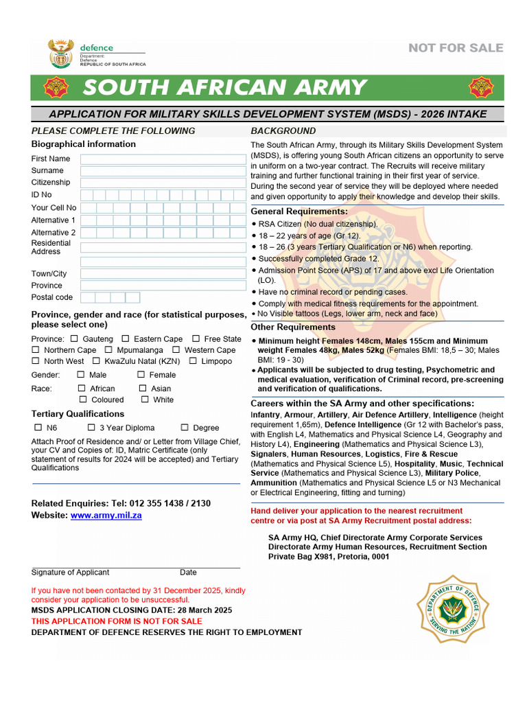 SA Army MSDS Application 2026 | PDF