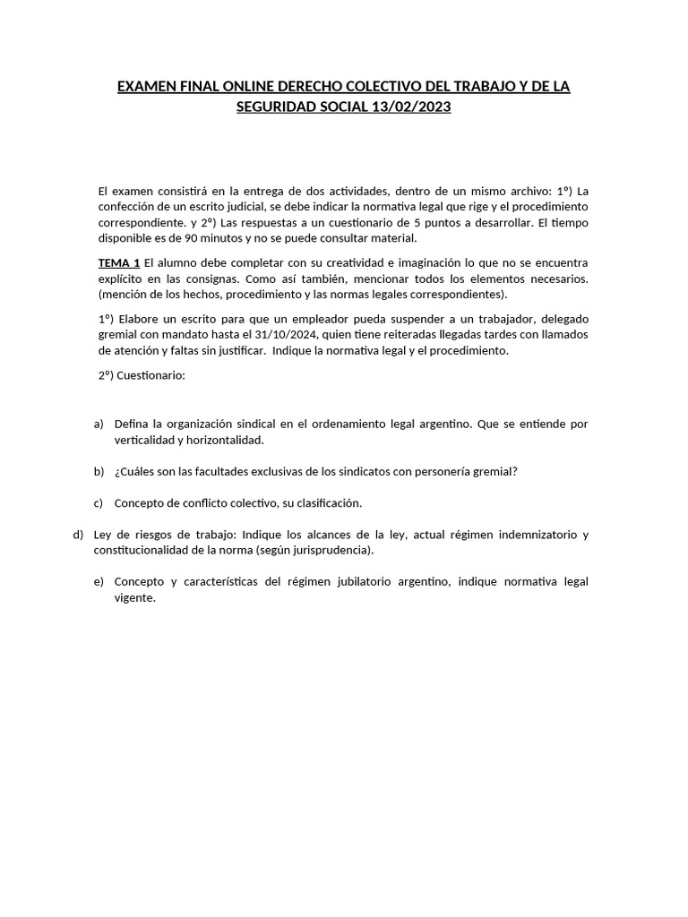 13_02_2023 EXAMEN FINAL ONLINE DERECHO COLECTIVO DEL TRABAJO Y DE LA ... 13_02_2023 EXAMEN FINAL ONLINE DERECHO COLECTIVO DEL TRABAJO Y DE LA ...